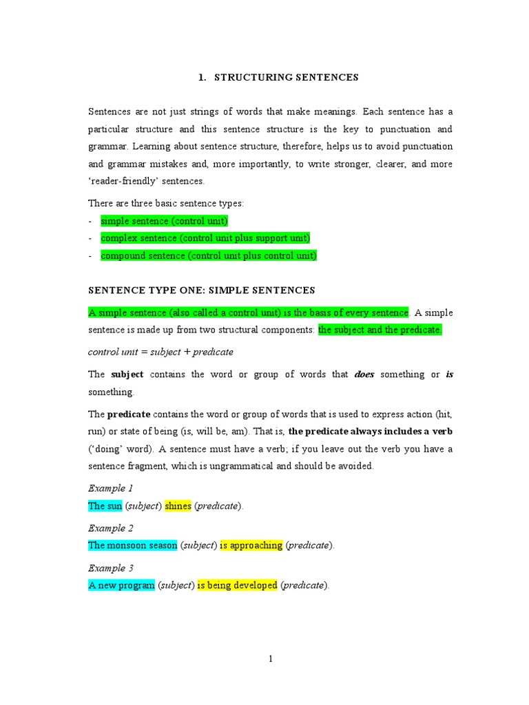 Structuring Sentences: Control Unit Subject + Predicate | PDF ...