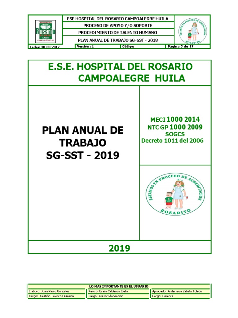 8 Plan de Trabajo Anual de Seguridad y Salud en El Trabajo ESE HR 2019 PDF | Hospital | Salud ...