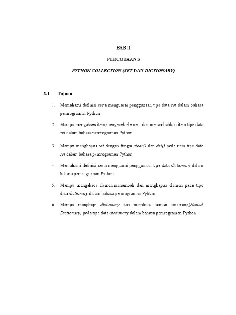 Bab Ii Percobaan 3: Python Collection (Set Dan Dictionary) | PDF