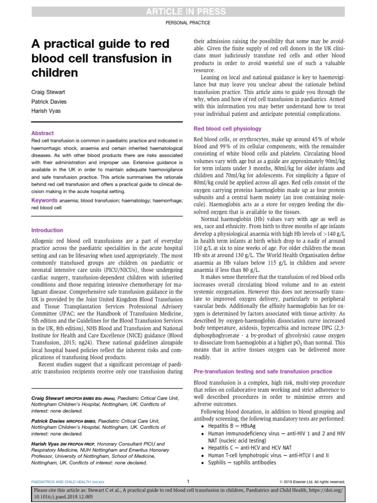 A Practical Guide To Red Blood Cell Transfusion in Children | PDF ...