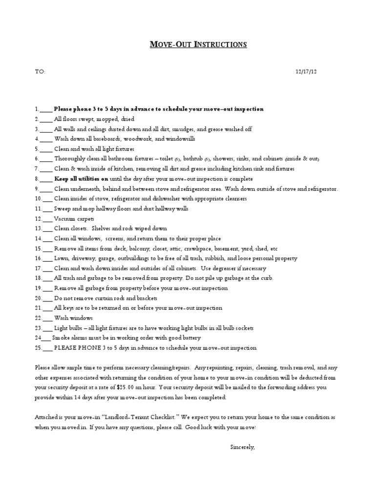 Move Out Instructions | PDF | Basement | Kitchen