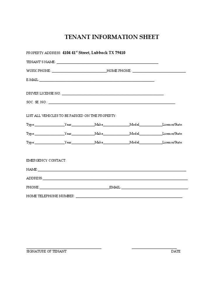 Tenant Information Sheet Template | PDF | Transport | Telecommunications