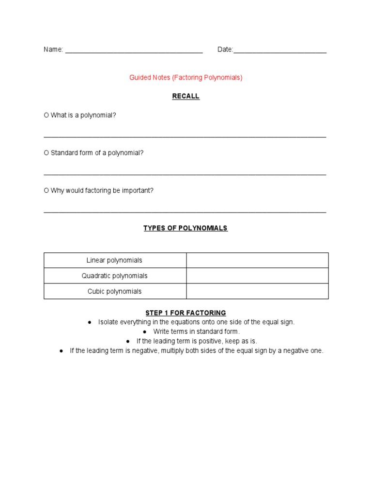 Guided Notes on Factoring Polynomials | PDF | Teaching Methods & Materials