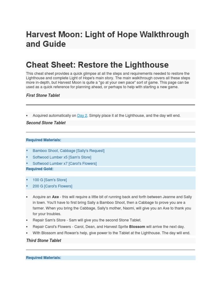 Harvest Moon: Light of Hope Walkthrough and Guide Cheat Sheet: Restore ...