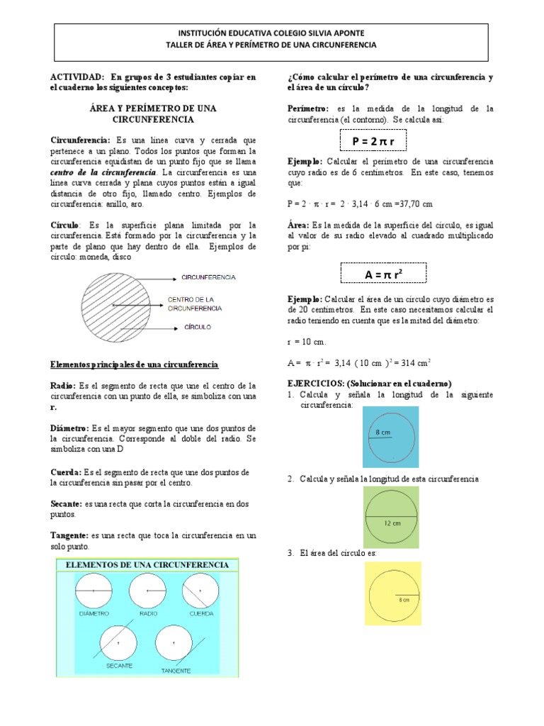 Taller de Area y Perimetro de Un Circulo | PDF | Pi | Circulo