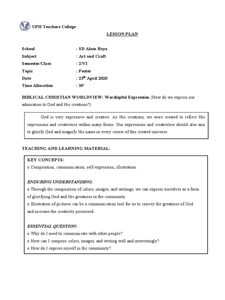 Nanik Margaret Tarihoran - 01307170048 - Lesson Plan PSAL Art - Grade 6 - Poster (Making Poster ...