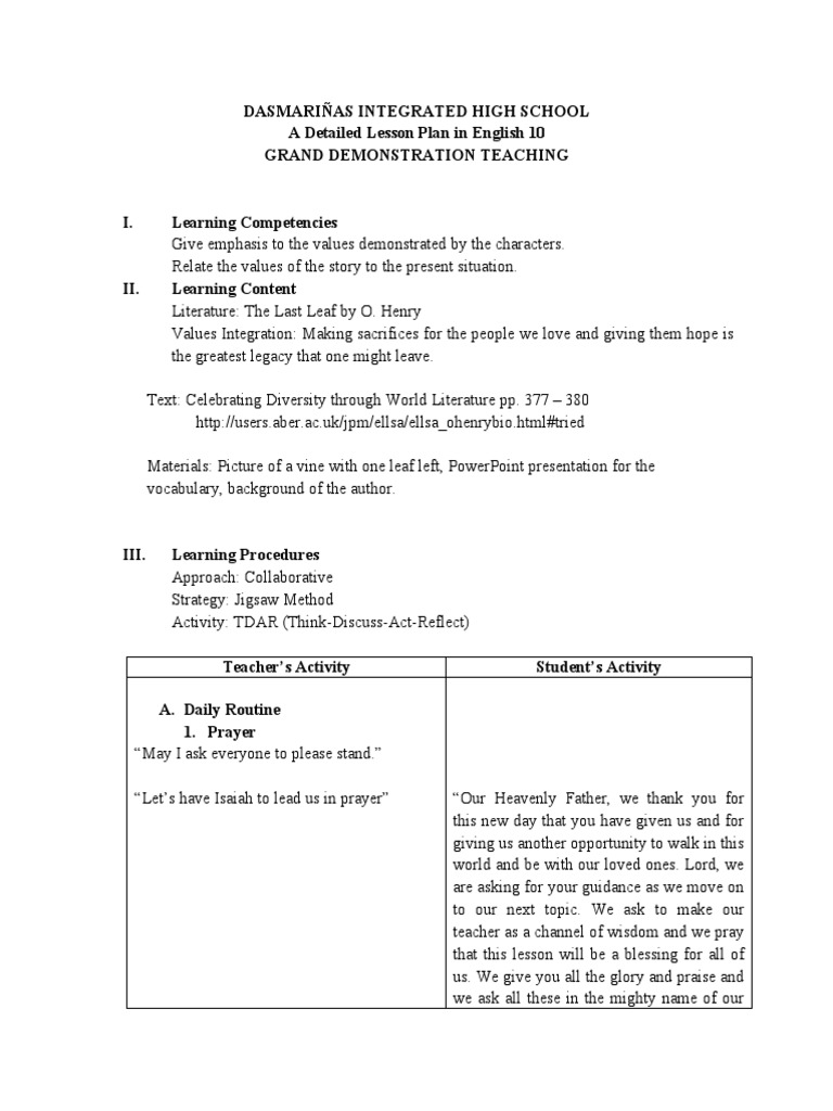 The Last Leaf (Detailed Lesson Plan For Grade 10 Students) | PDF | O. Henry