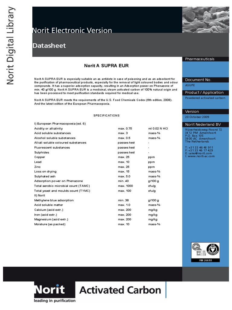 Datasheet: Norit A Supra Eur | PDF | Chemical Substances | Materials