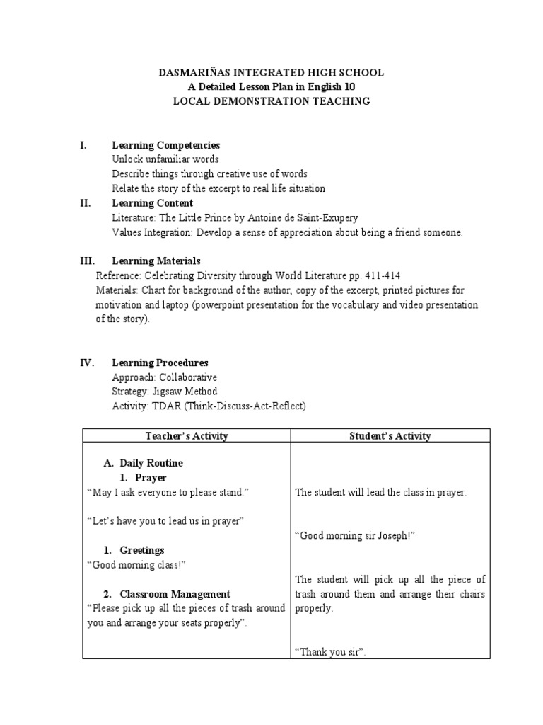 Lesson Plan: The Little Prince Insights | PDF | The Little Prince ...