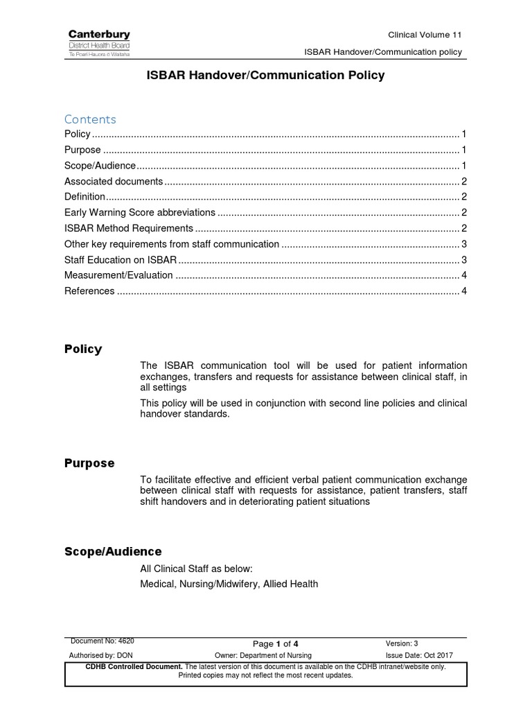 Clinical Volume 11 ISBAR Handover/Communication Policy | PDF | Patient ...