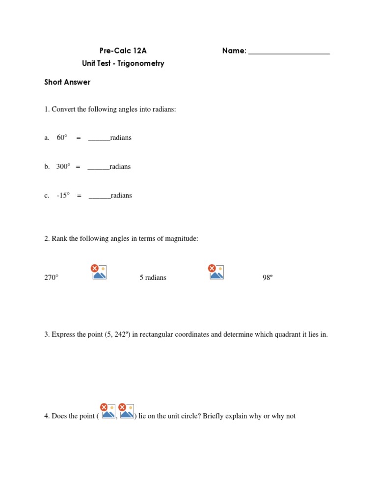 Trigonometry Unit Test Answers | PDF | Teaching Methods & Materials ...