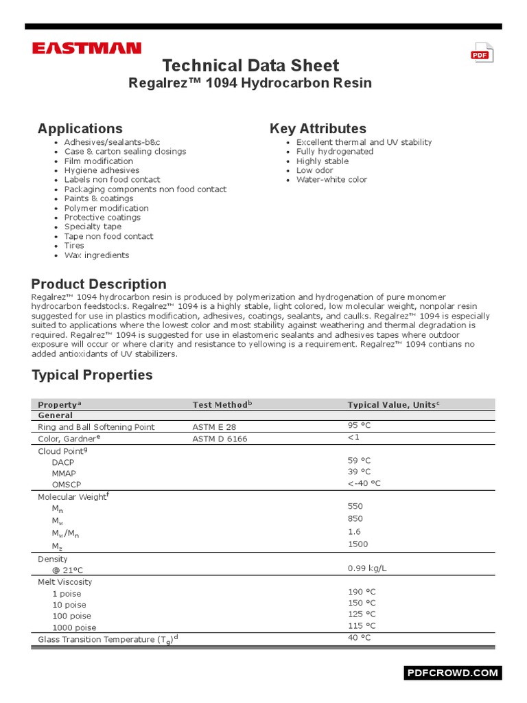Technical Data Sheet: Regalrez™ 1094 Hydrocarbon Resin | PDF | Adhesive ...
