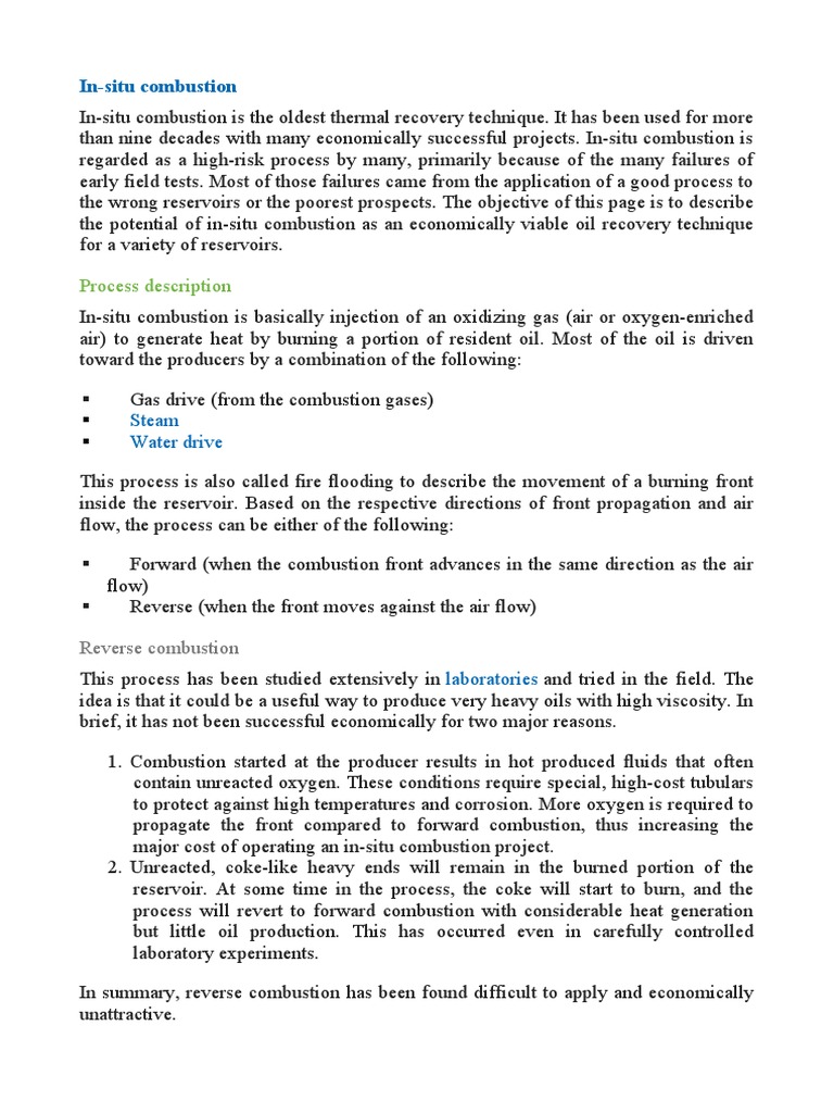 In-Situ Combustion for Oil Recovery | PDF | Combustion | Petroleum ...
