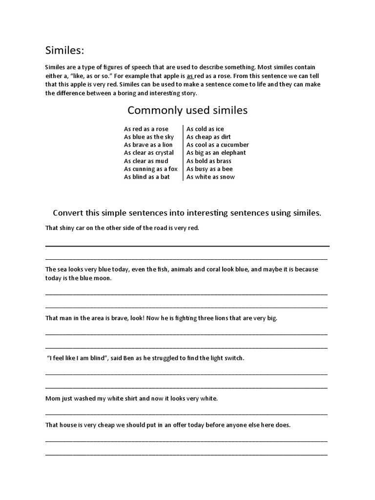 Similes:: Convert This Simple Sentences Into Interesting Sentences ...