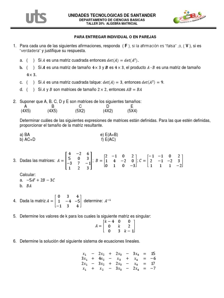 tALLER 1 ALGEBRA LINEAL PDF | PDF | Matriz (Matemáticas) | Análisis ...
