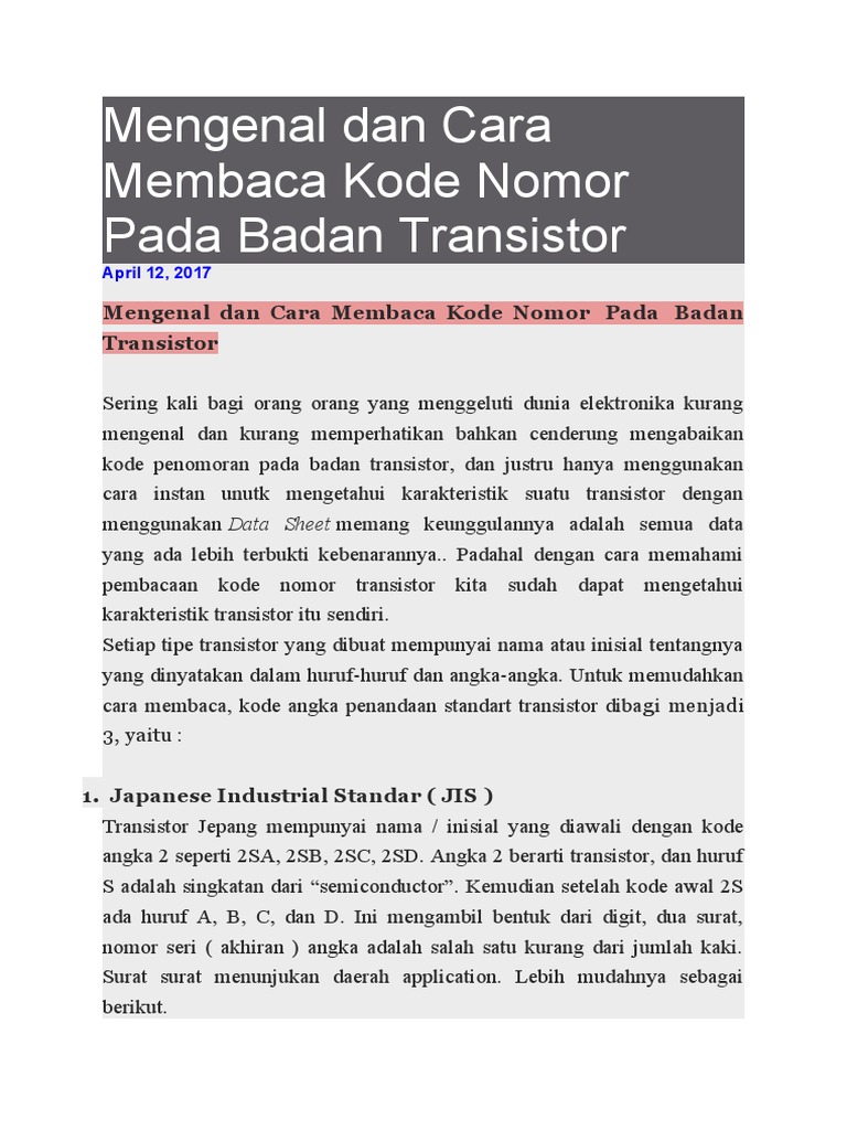 Mengenal Dan Cara Membaca Kode Nomor Pada Badan Transistor | PDF