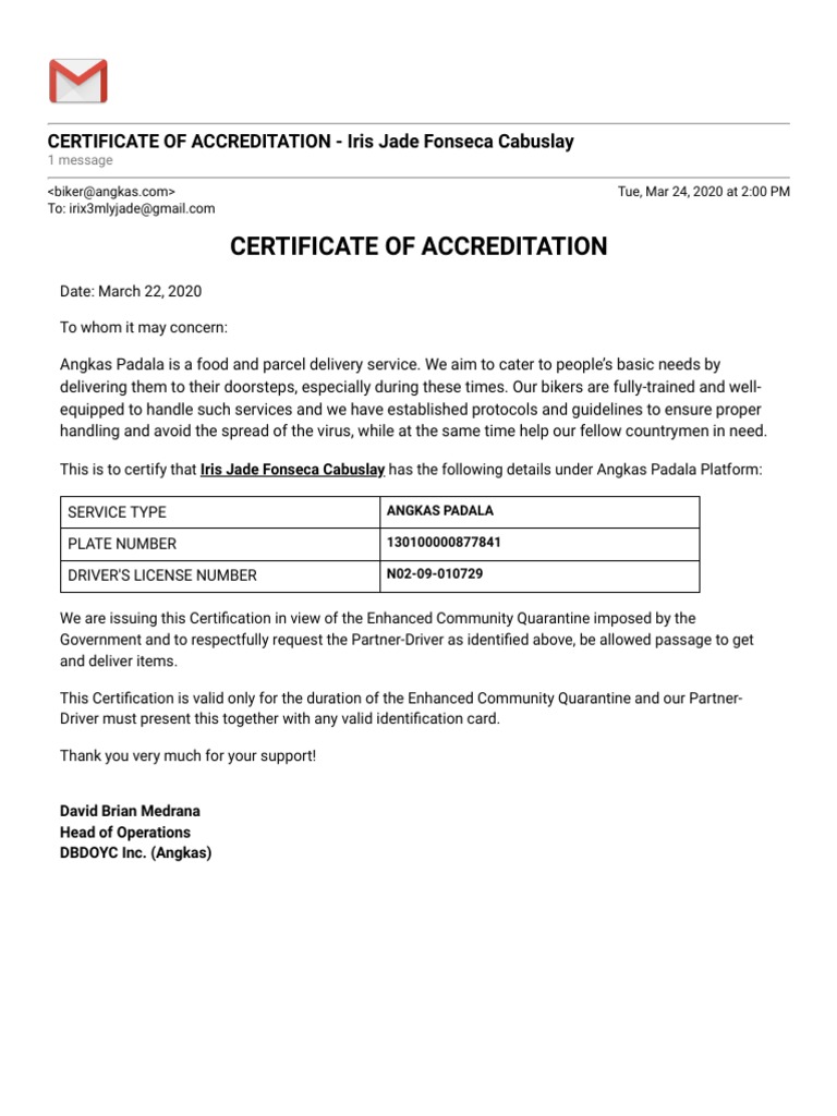 Gmail - CERTIFICATE OF ACCREDITATION - Iris Jade Fonseca Cabuslay | PDF
