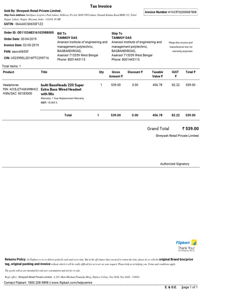 An Accurate Tax Invoice for Headphones Sold by Shreyash Retail Private ...