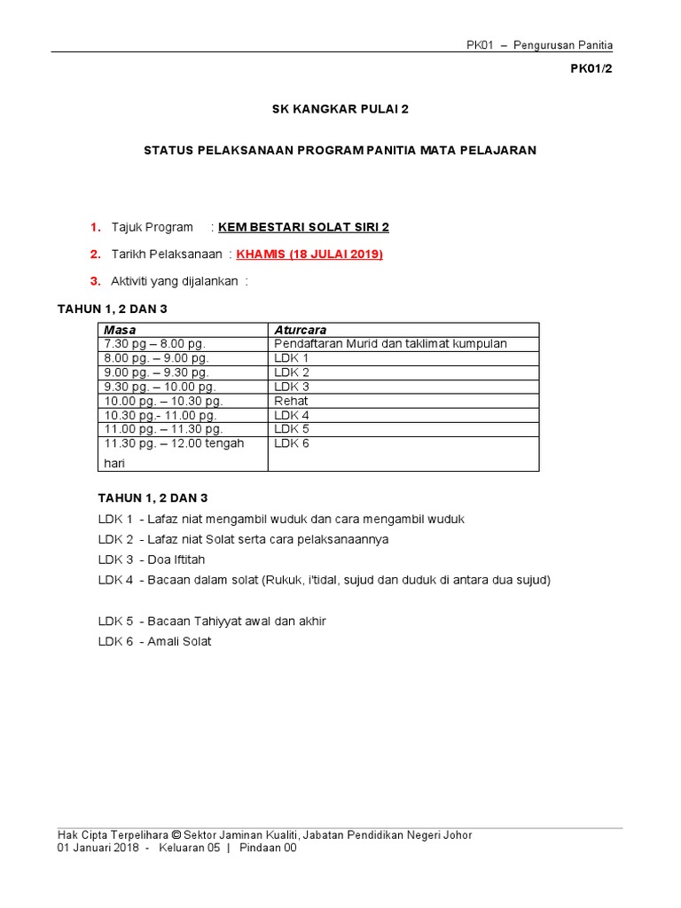 PK01 - 2 - Laporan - Pelaksanaan - Program Kem Bestari Solat | PDF