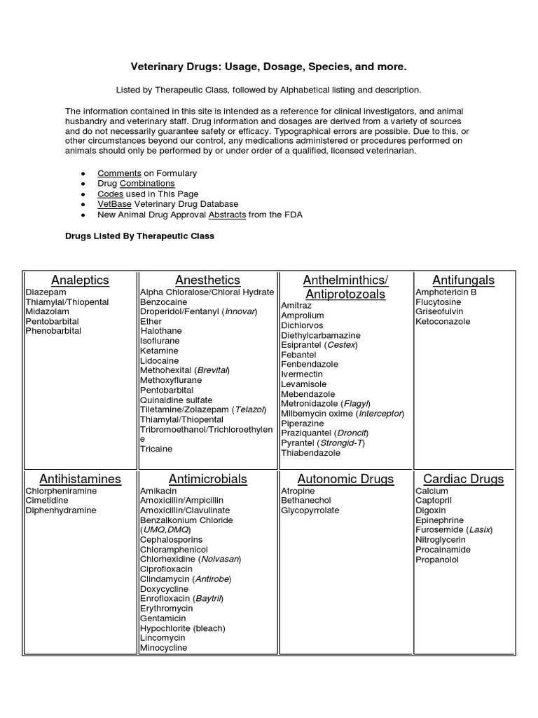 Veterinary Drug Dosages and Classes Guide | PDF | Anesthesia | Drugs ...