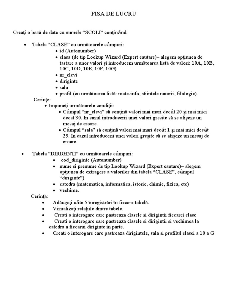 Fisa de Lucru Access | PDF