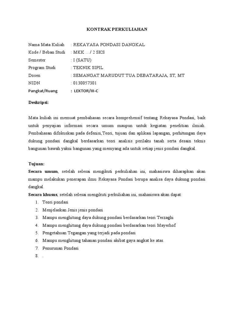 Bahan Ajar 1 Rekayasa Pondasi-I (KONTRAK PERKULIAHAN 2020 UDA) | PDF
