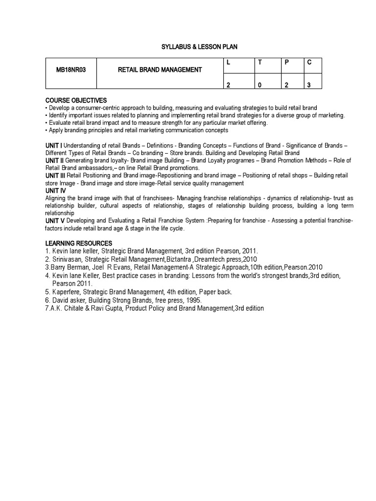 MB18NR03 RETAIL BRAND MANAGEMENT-Lesson Plan | PDF | Brand | Franchising