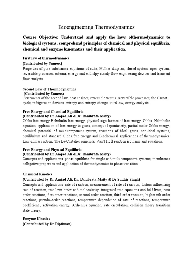 Biomedical Engineering Thermodynamics Course Final | PDF | Chemical Equilibrium | Gibbs Free Energy