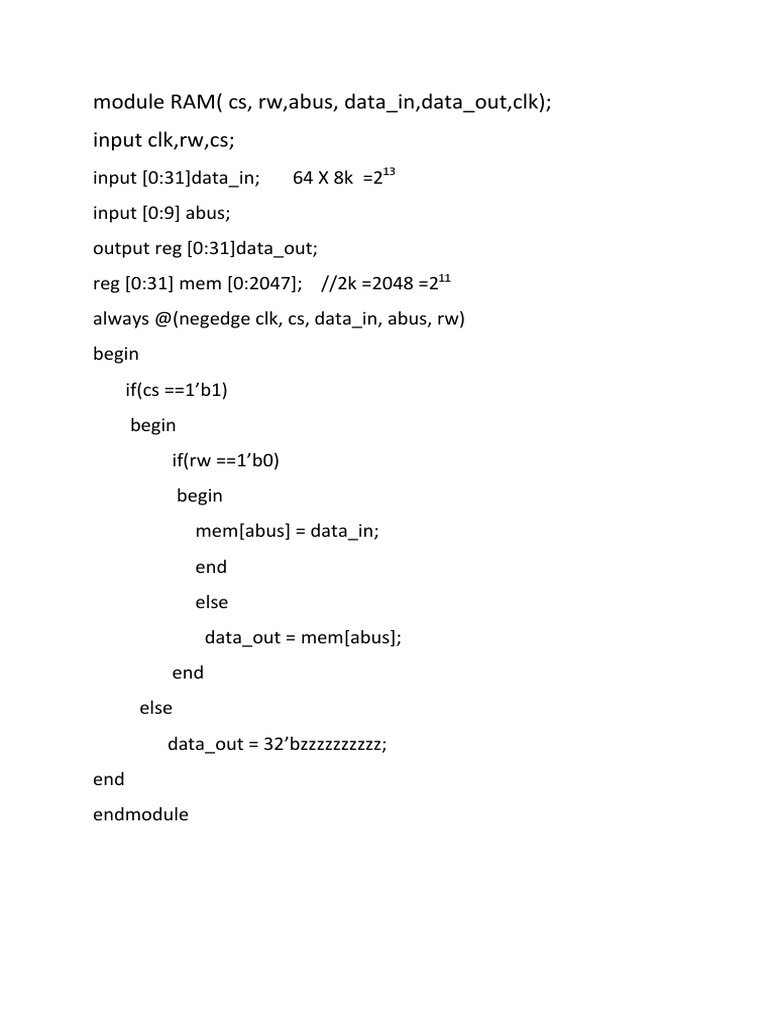 Module RAM (CS, RW, Abus, Data - In, Data - Out, CLK) Input CLK, RW, Cs ...