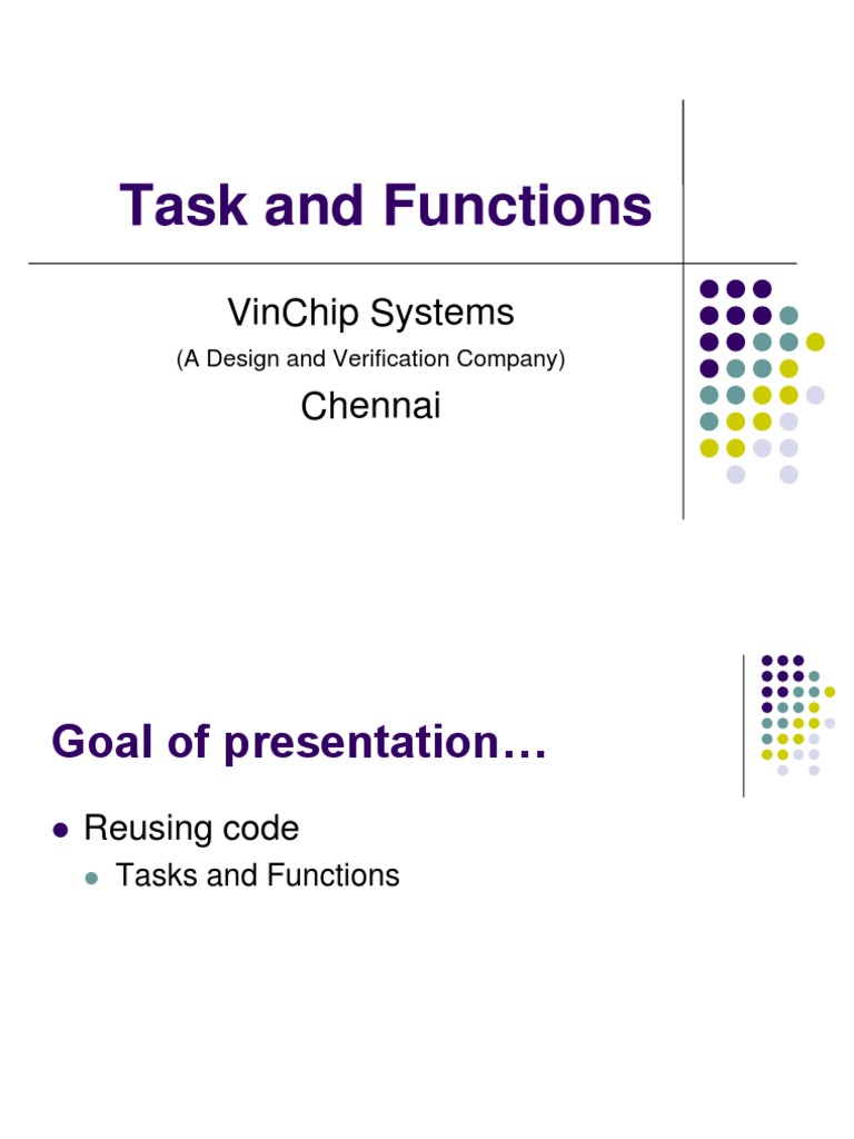 Task and Functions: Vinchip Systems Chennai | PDF | Parameter (Computer Programming) | Subroutine