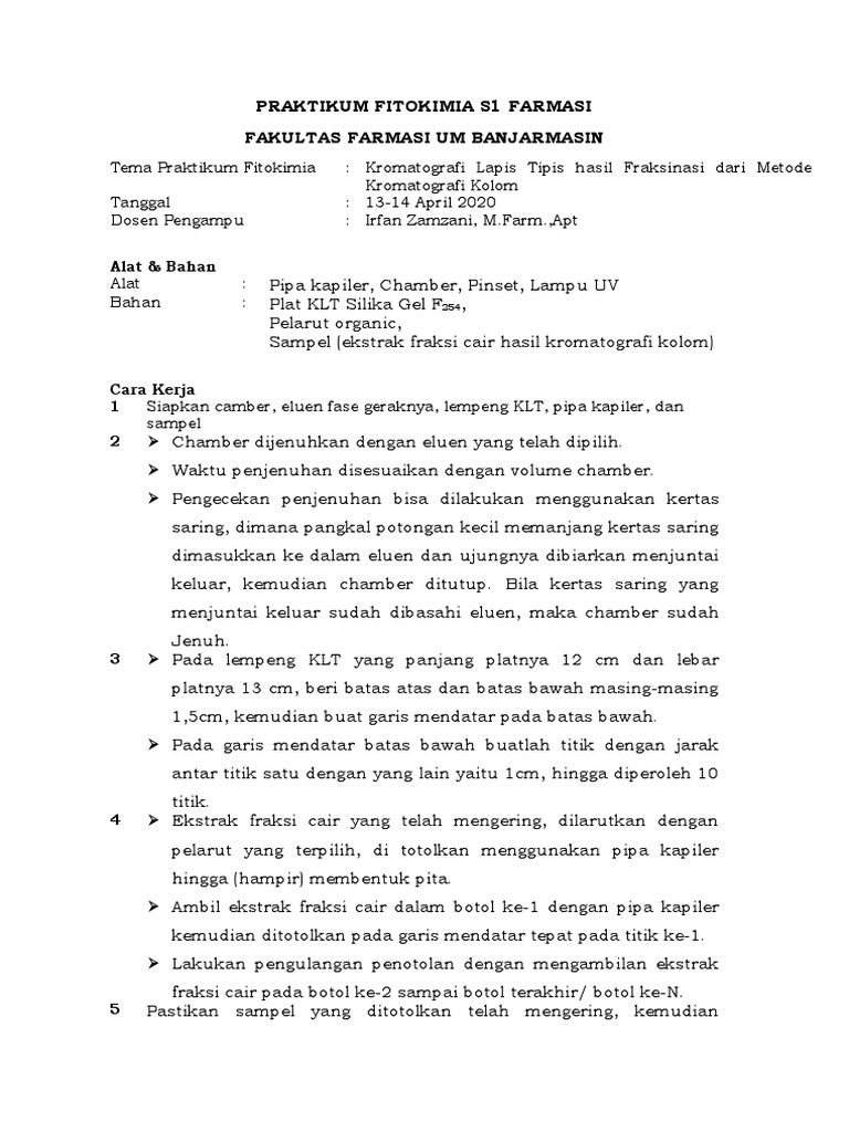 KLT Hasil Fraksinasi Metode K.K, Praktikum Fitokimia s1 Farmasi | PDF