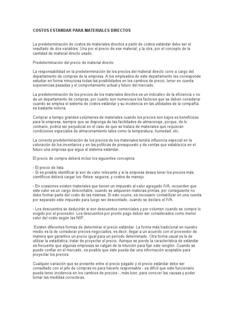 Costos Estándar Materiales Directos | PDF | Precios | Inventario