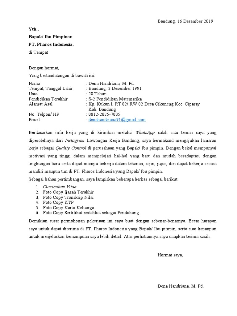 Surat Lamaran Kerja PT Pharos Indonesia | PDF | Kesehatan Holistik