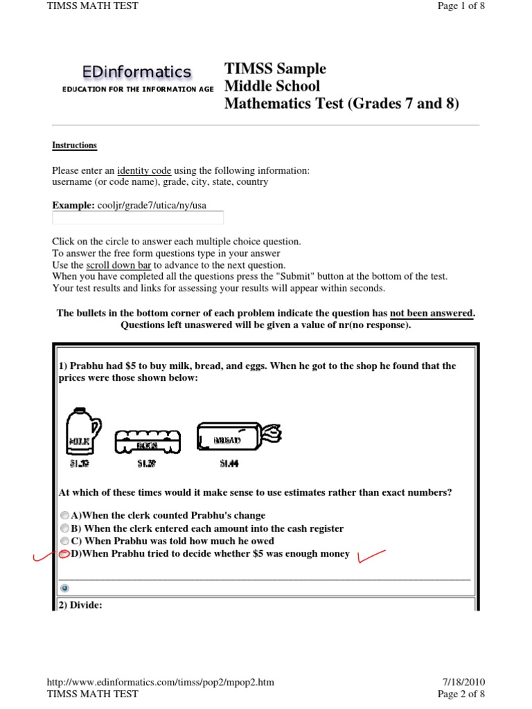 TIMSS Sample Middle School Mathematics Test (Grades 7 and 8)
