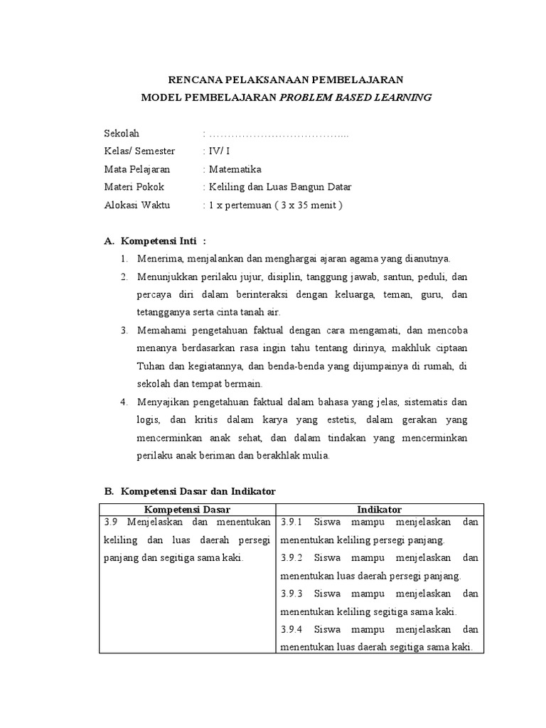 RPP Keliling Dan Luas Daerah Persegi Panjang Dan Segitiga Sama Kaki | PDF