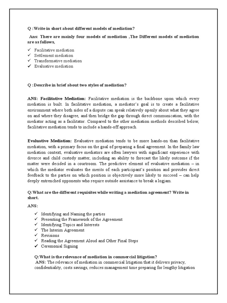 Facilitative Mediation Settlement Mediation Transformative Mediation ...