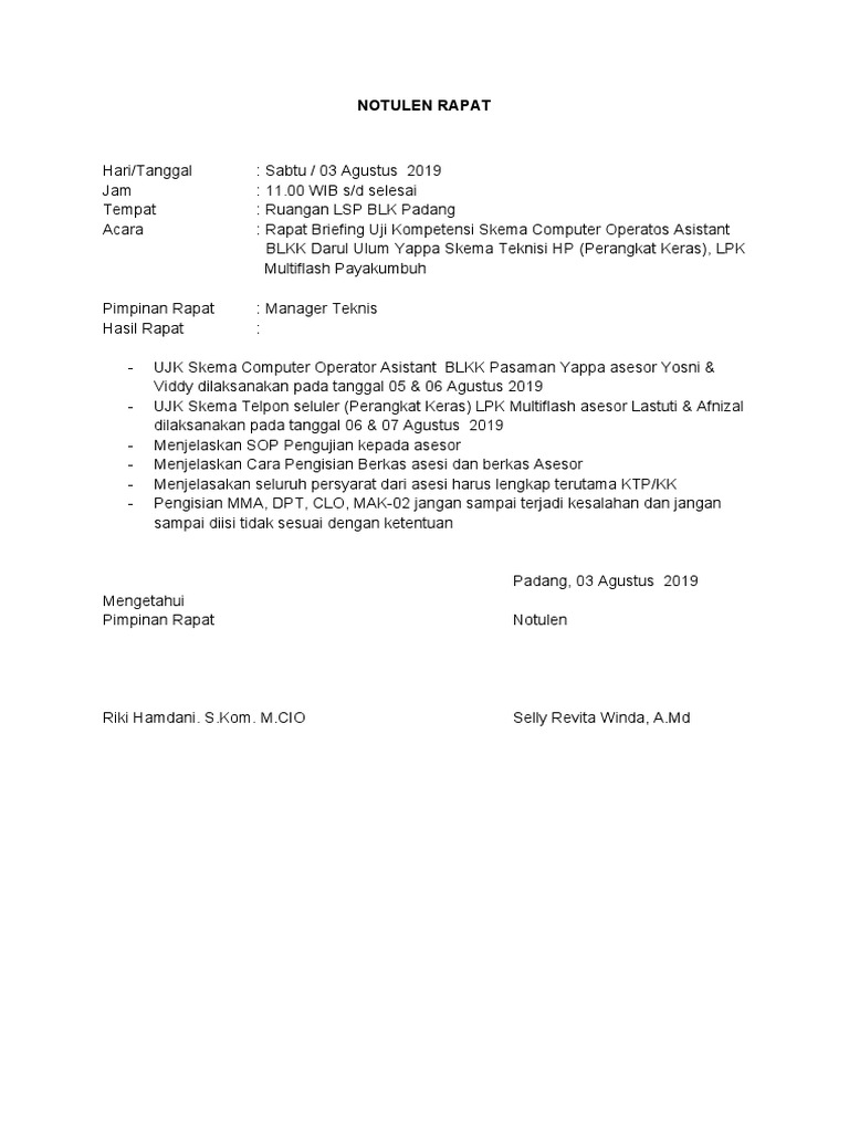 Notulen Rapat Briefing Bulan Agustus 2019 | PDF