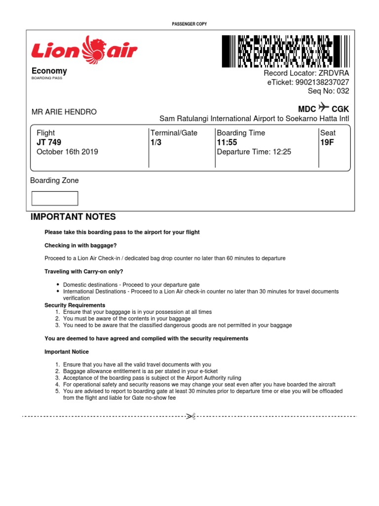 Lion Air Boarding Pass | PDF | Baggage | Aviation