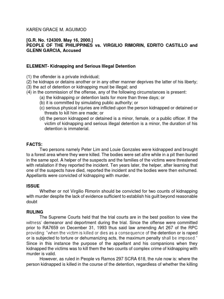 PEOPLE OF THE PHILIPPINES vs. VIRGILIO RIMORIN | PDF | Murder | Kidnapping