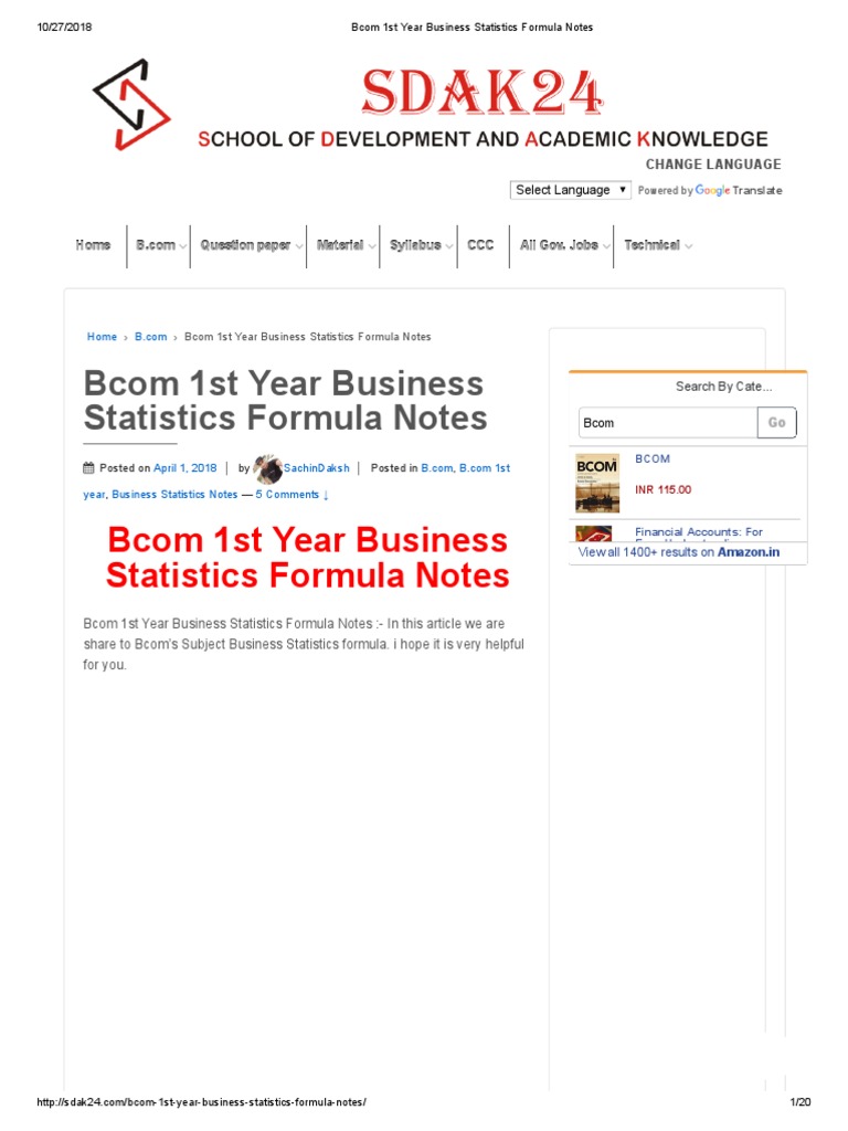 Bcom 1st Year Business Statistics Formula Notes | PDF | Negotiable ...