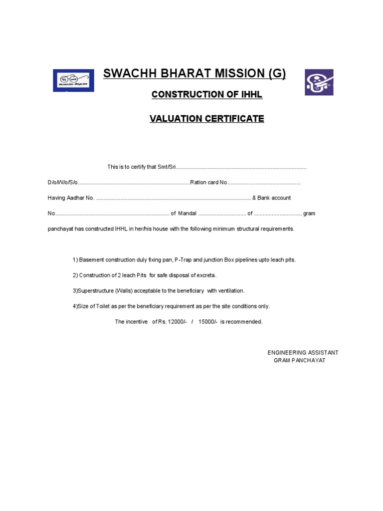 Swachh Bharat Mission (G) : Construction of Ihhl Valuation Certificate ...