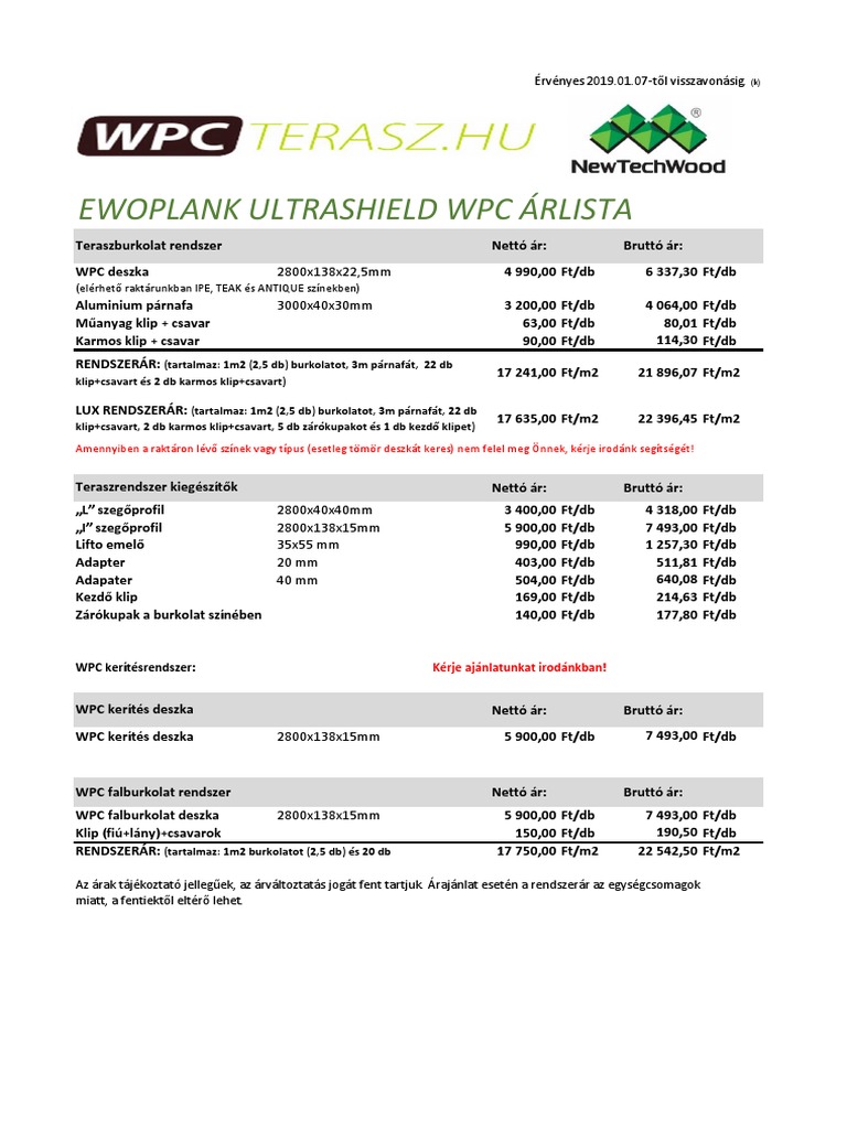 WPC EWOPLANK Ultrashield Árlista Kisker 20190107 | PDF