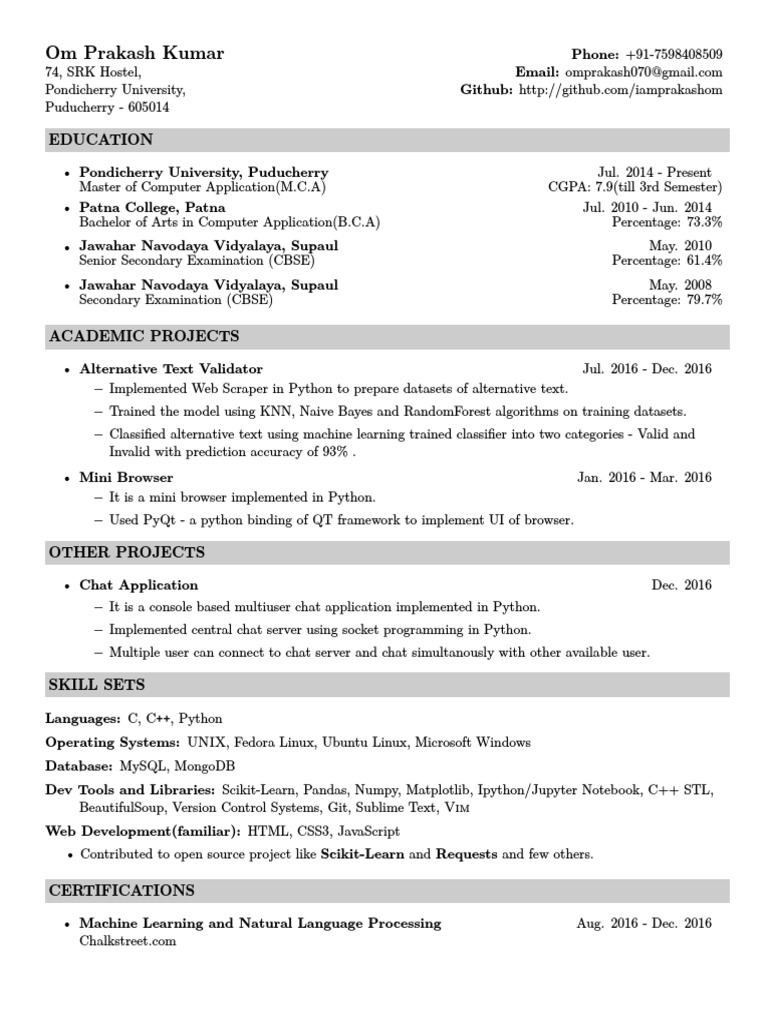 Om Prakash Kumar: Education | PDF | Python (Programming Language) | Machine Learning