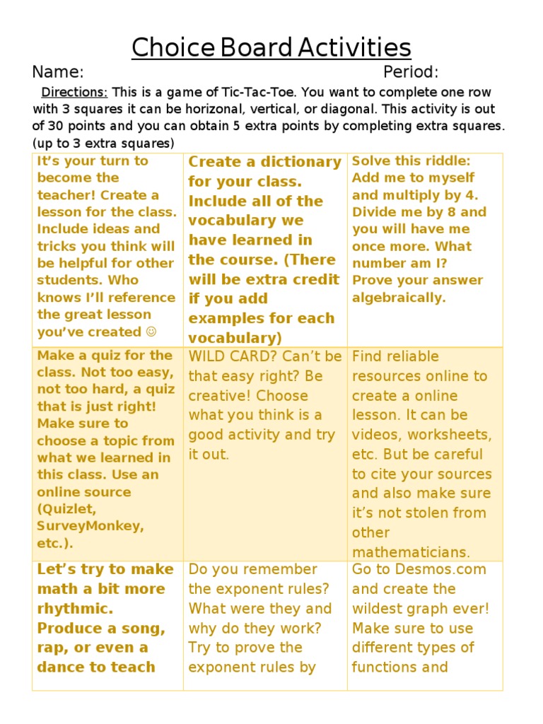 Choice Board Activities | PDF | Teaching Mathematics | Science