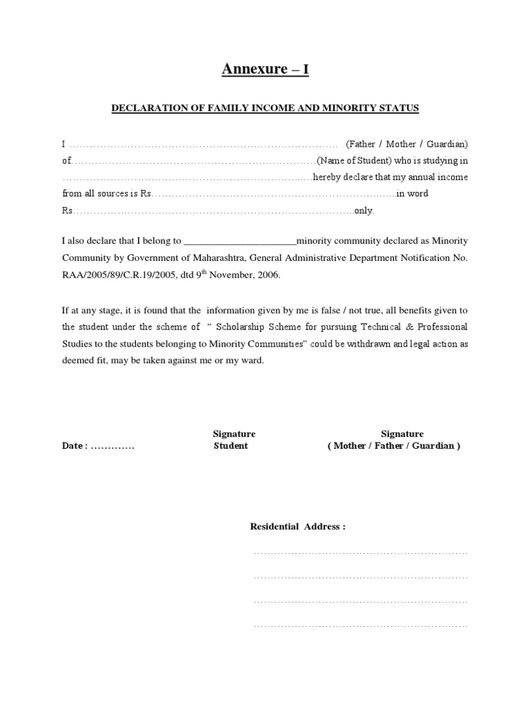 Declaration of Family Income and Minority Status | PDF