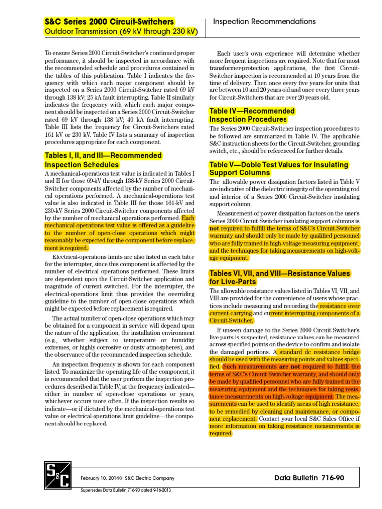 S&C Series 2000 Circuit-Switchers: Table IV-Recommended Inspection ...