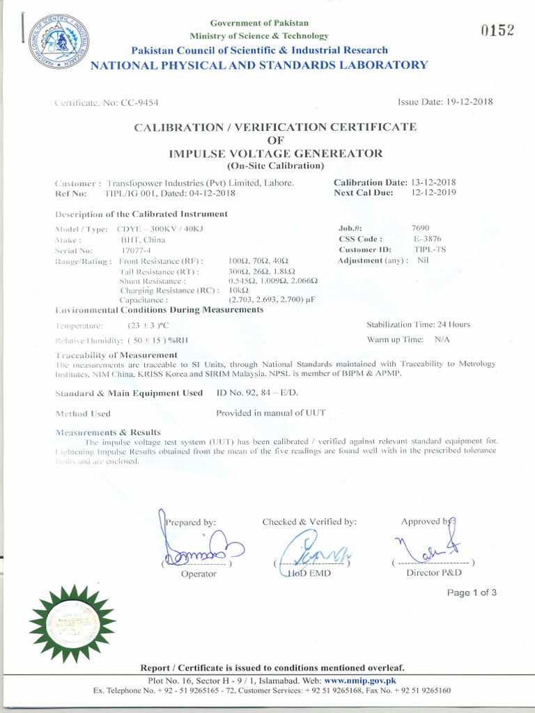 Calibration Certificate For Impulse Generator | PDF