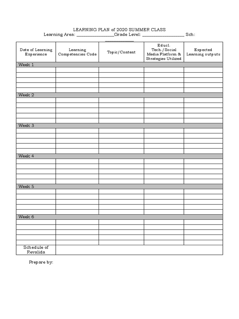 LEARNING PLAN - Summer Class | PDF