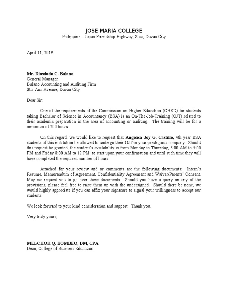 Recommendation Letter Ojt