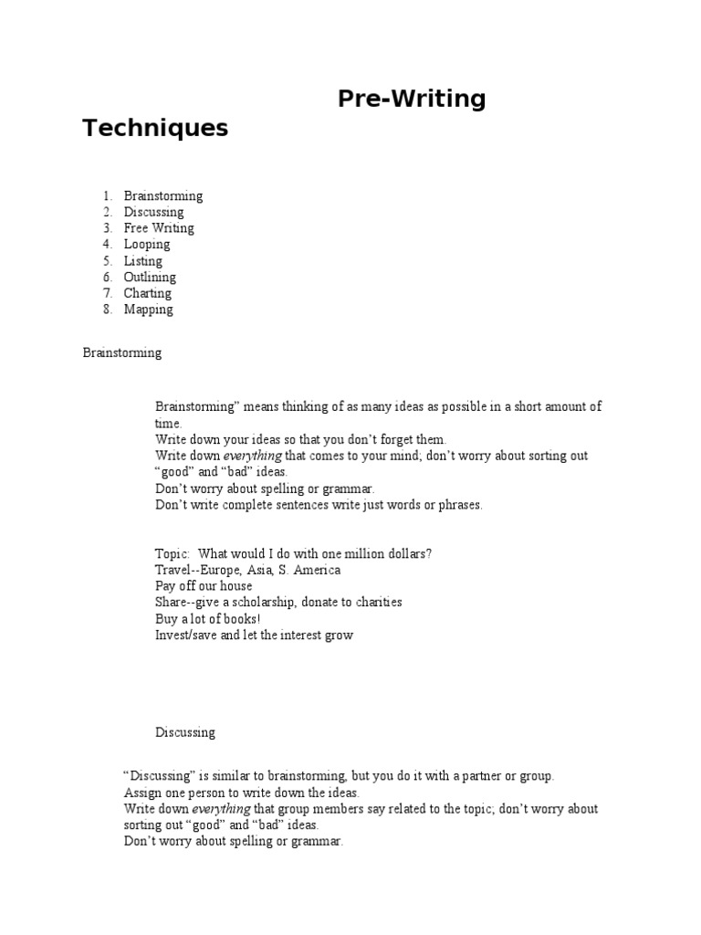 Pre Writing Techniques | PDF | Brainstorming | Phrase